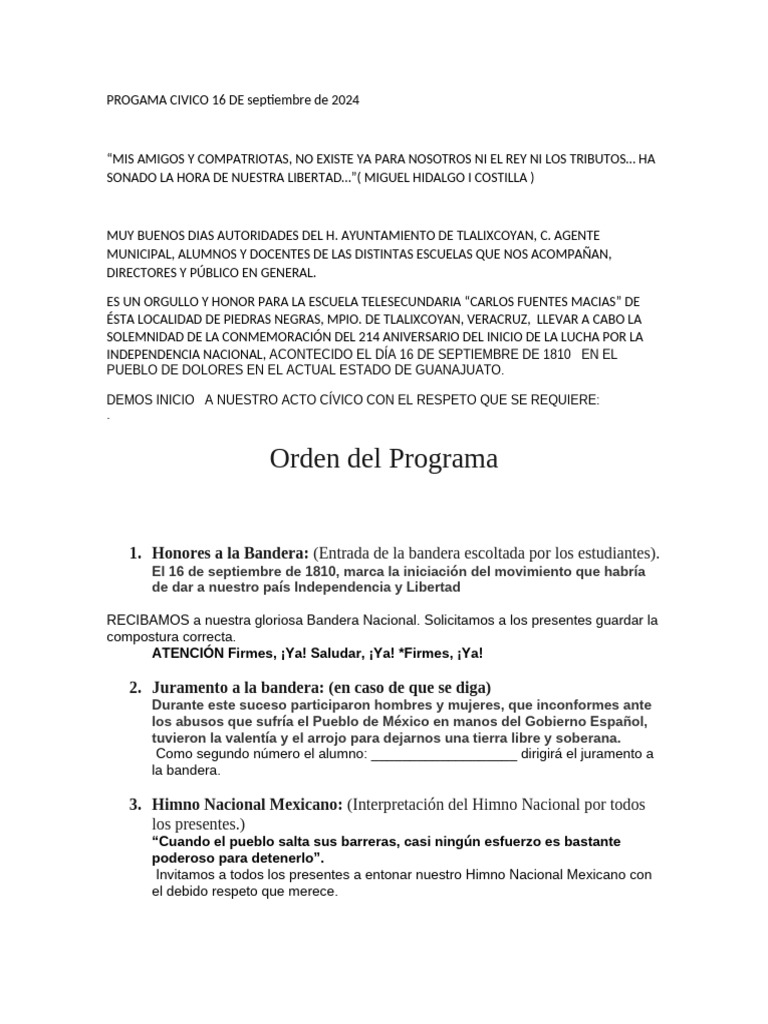 PROGAMA CIVICO 16 DE Septiembre de 2024 - 092243 | PDF | México