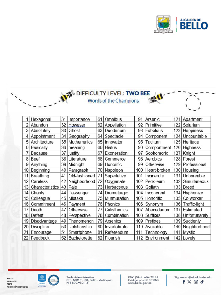 BELLO SPELIING BEE 2024 List of Words Category 3 | PDF