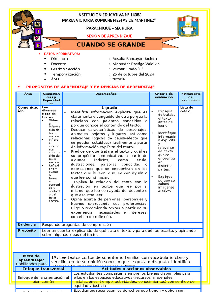 Sesion D4 Plan Lector Cuando Sea Grande | PDF | Aprendizaje | Evaluación