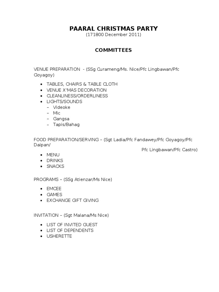 Christmas Party Committee Roles | PDF | Home & Garden