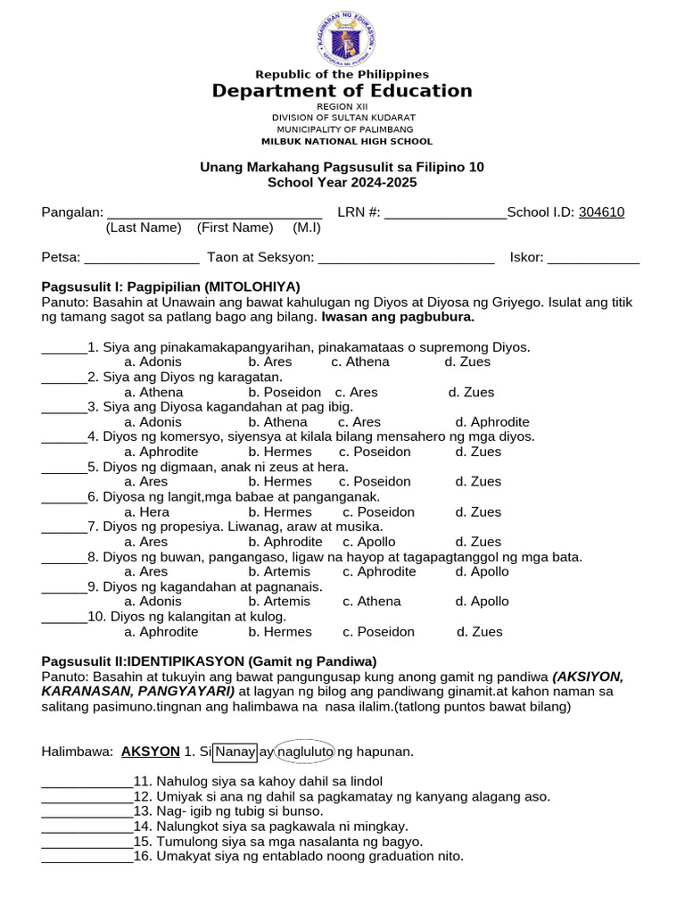 EXAM GRADE10 1st Quarter | PDF