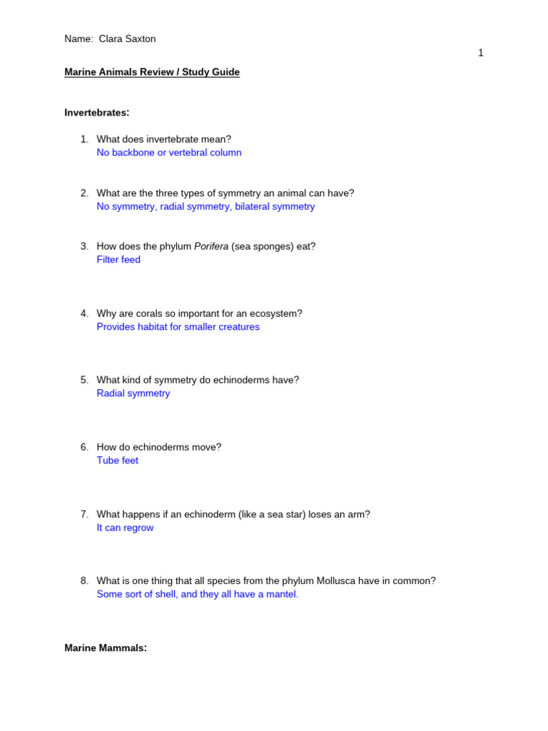 Marine Animals Study Guide: Invertebrates & Mammals | PDF | Pinniped ...