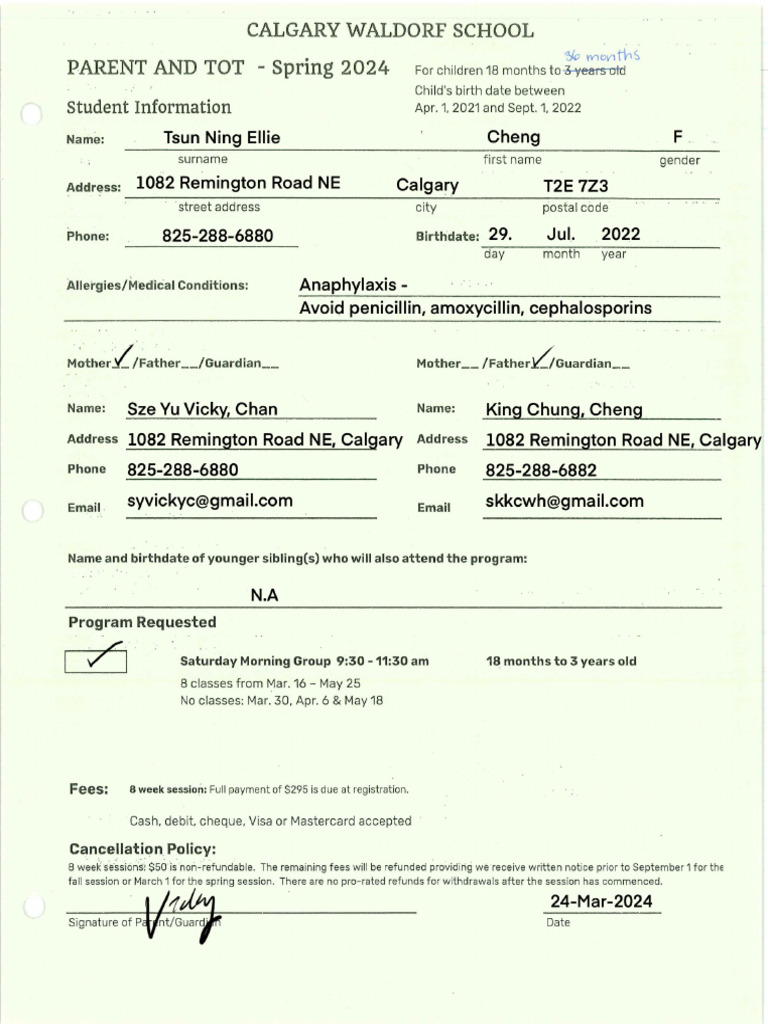 Parent & Tot Registration Form Spring 2024 2 | PDF