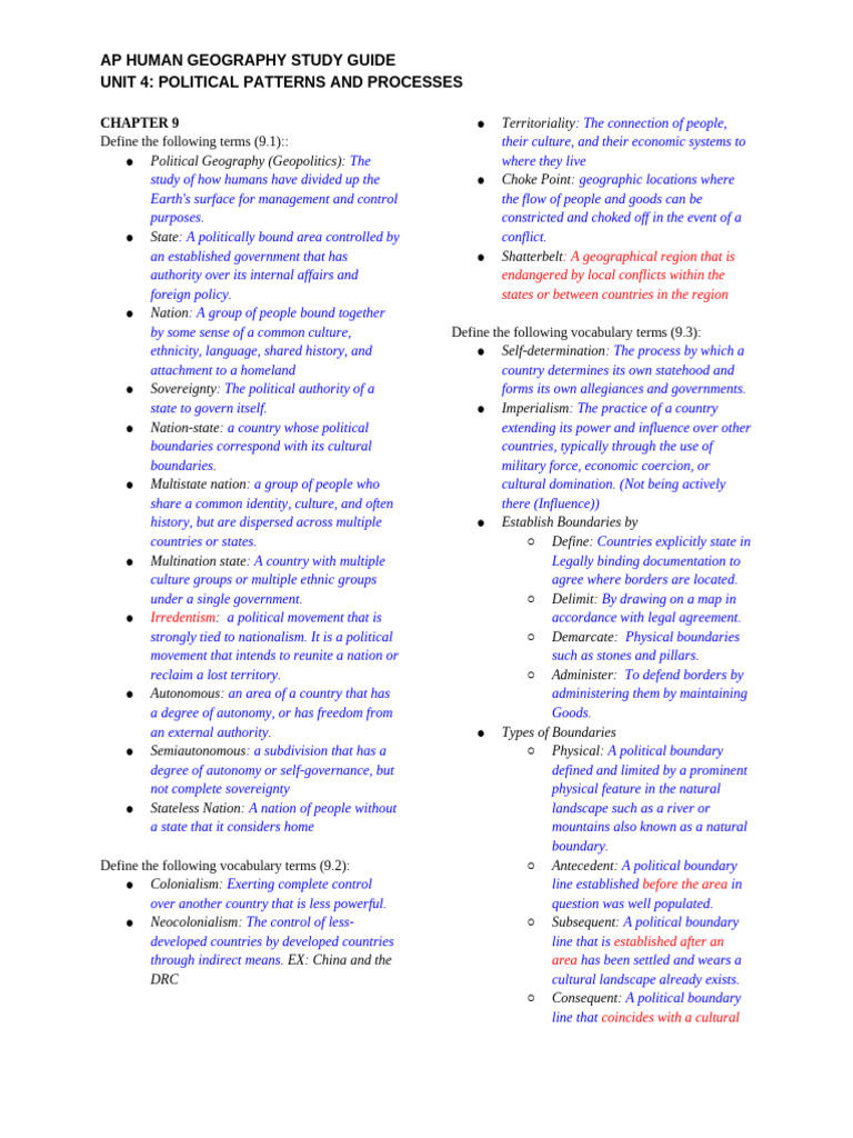 Unit 4 Aphg Study Guide | PDF | International Relations | Political Science