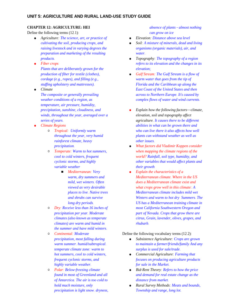 Unit 5: Agriculture and Rural Land-Use Study Guide: Define The ...