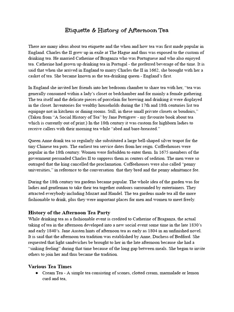 Etiquette & History of Afternoon Tea Questions | PDF | Tea | Tableware