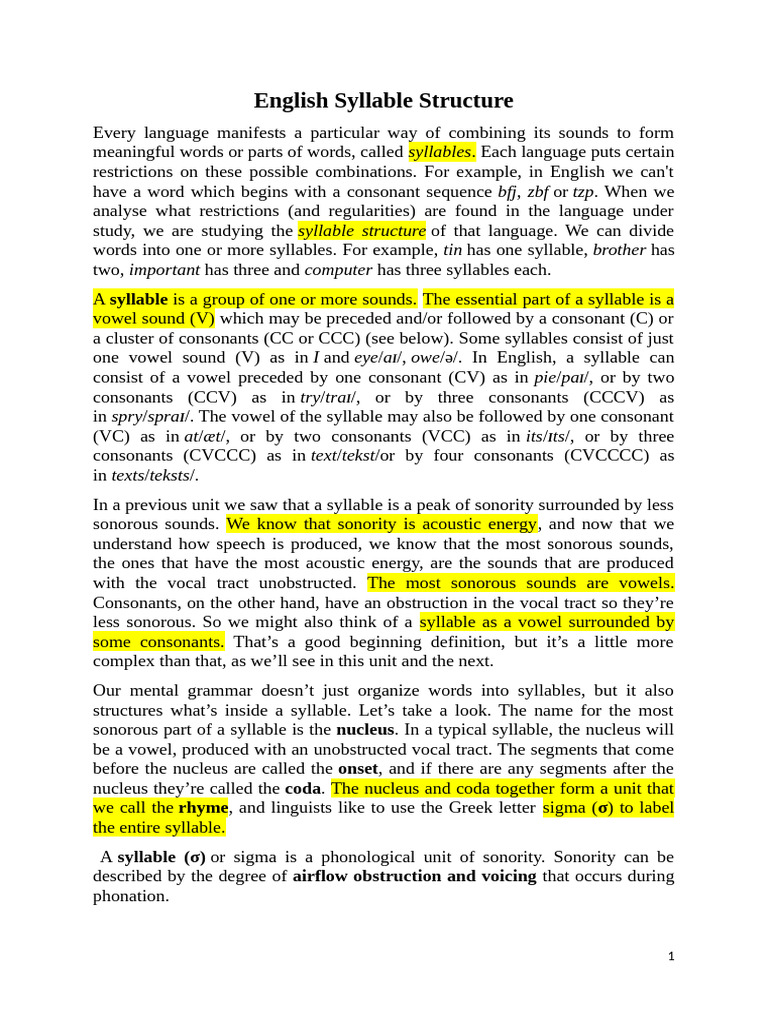 English Syllable Structure Pdf Syllable Consonant