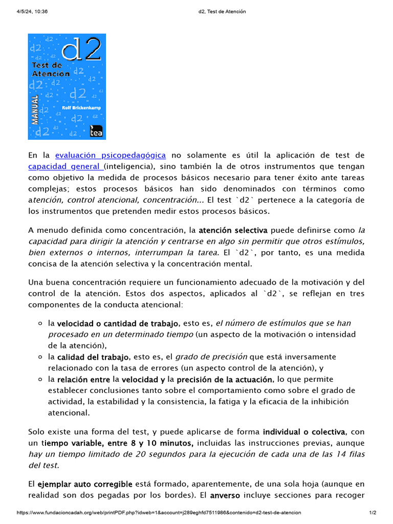 d2, Test de Atención | PDF | Atención | Ciencia cognitiva