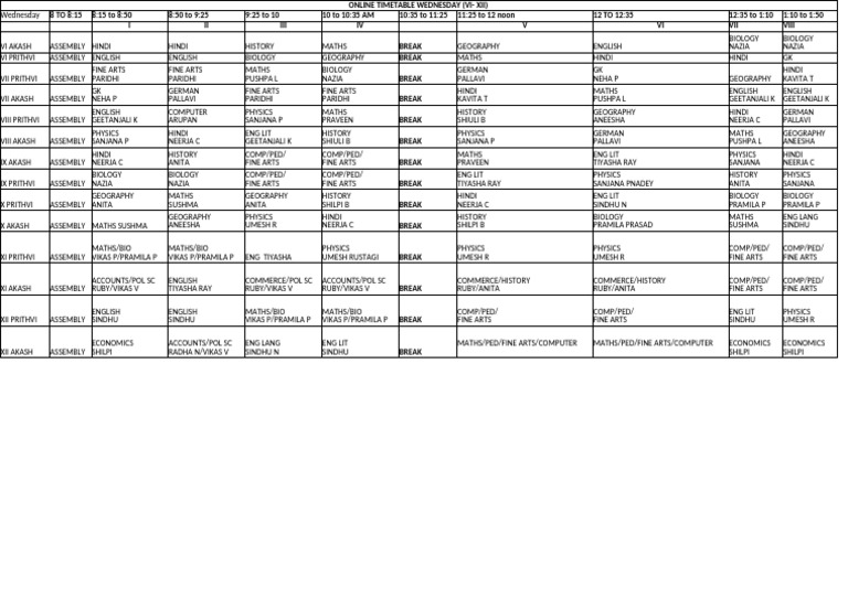 Online Timetable Wednesday (Vi - Xii) | PDF