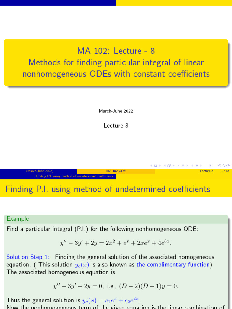 MA 102(March-June 2022)-lec-8 | PDF | Ordinary Differential Equation | Equations
