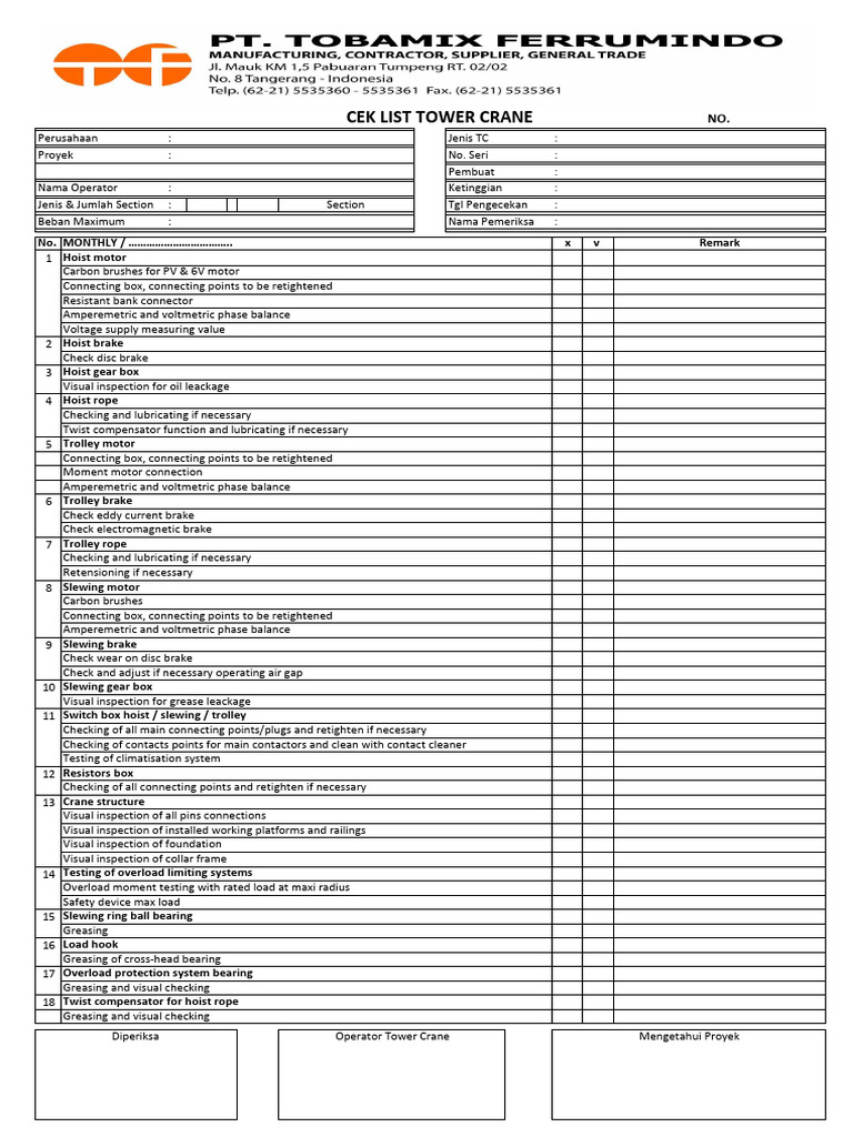 Tower Crane Inspection Checklist | PDF | Bearing (Mechanical) | Brake