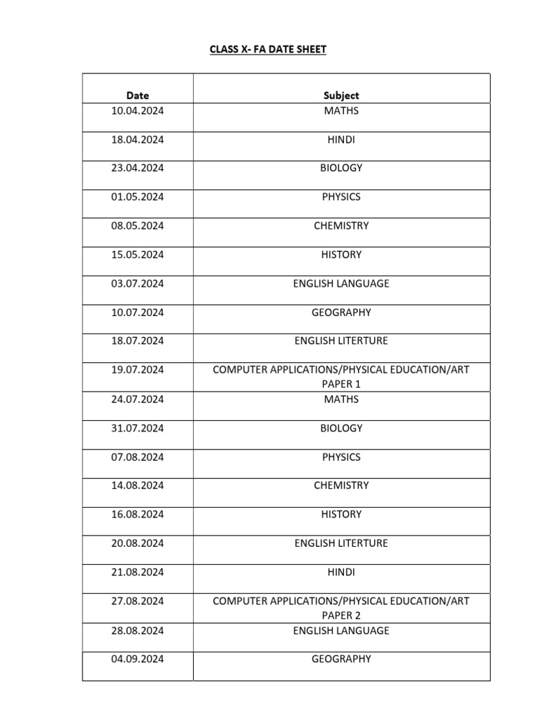 Class X FA Date Sheet 2024 | PDF