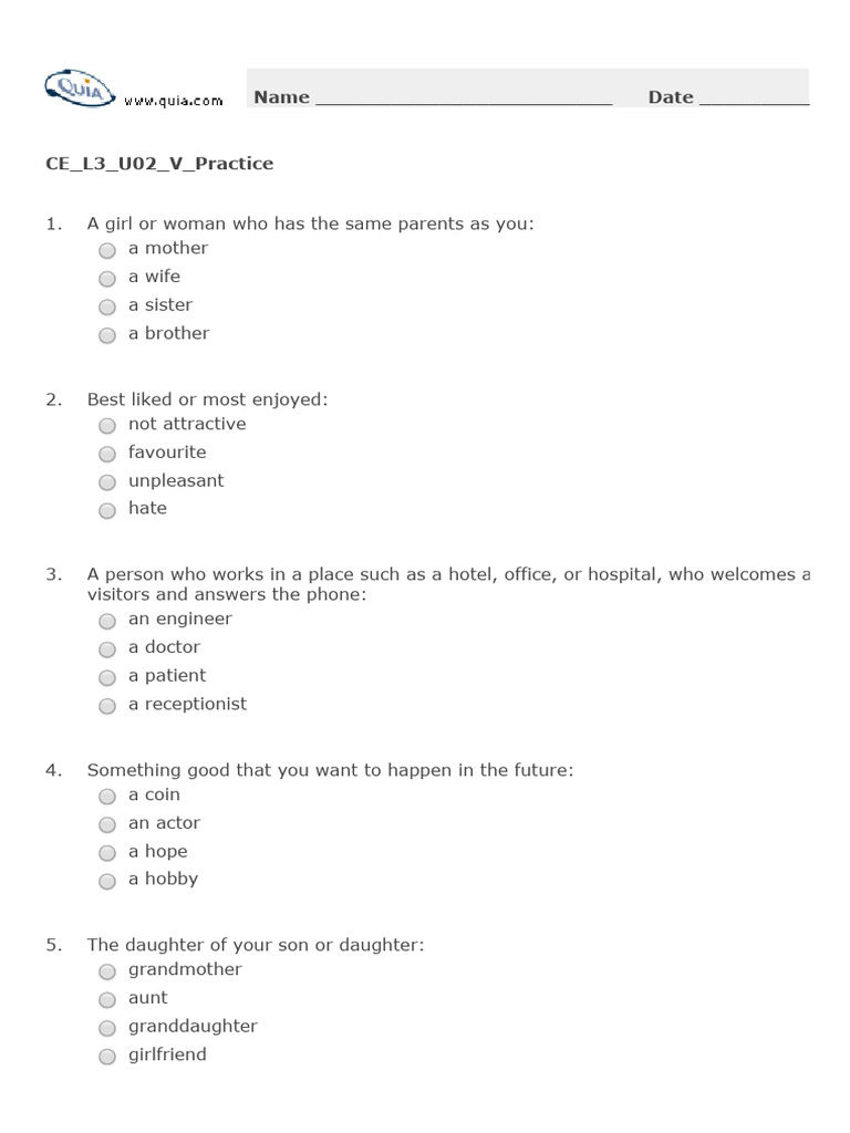CE L3 U02 V Practice-1-9 | PDF | Grandparent | Family