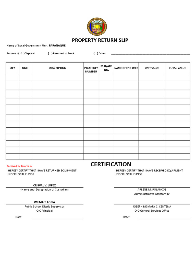 LOCAL-PROPERTY-RETURN-SLIP-TEMPLATE (1) .XLSX - Google Sheets | PDF