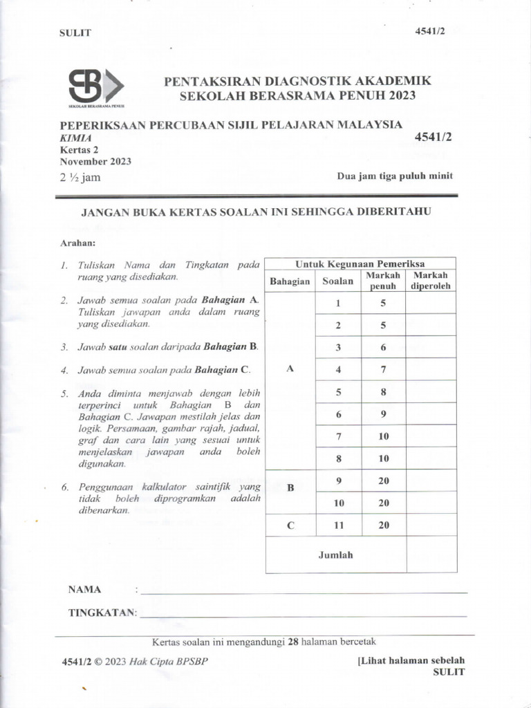 Trial SBP 2023 - CHEM P2 | PDF