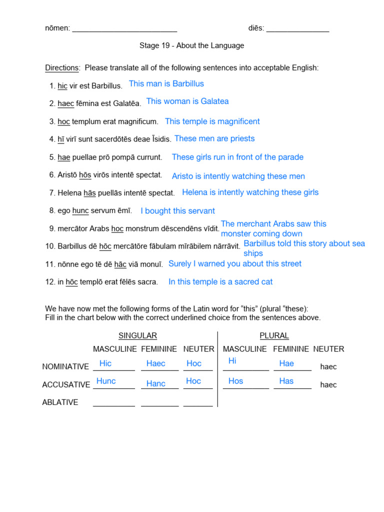 Language-Stage 19 ATL Hic Haec Hoc | PDF
