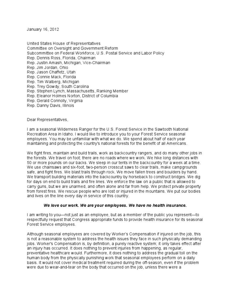 Forest Service Seasonal Employee Health Insurance Letter To Congress ...