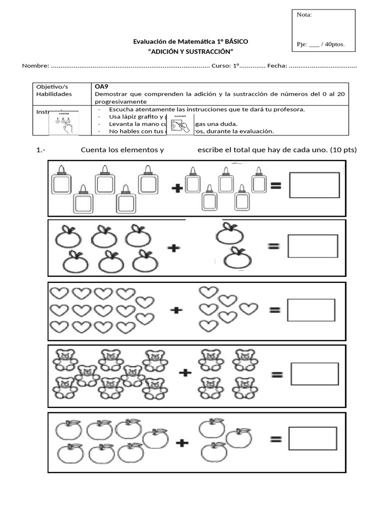 EV. MATEMÁTICA SUMAS Y RESTAS 1° BÁSICO | PDF