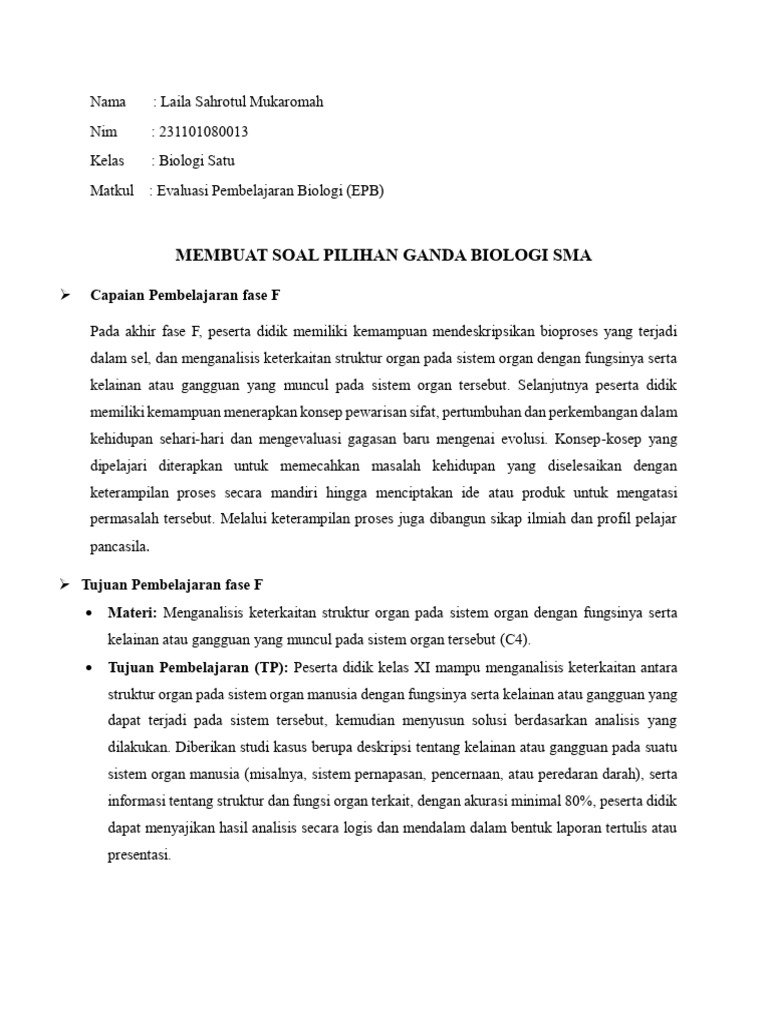 Membuat Soal Pilihan Ganda SMA (EPB) Laila S.M (231101080013) | PDF