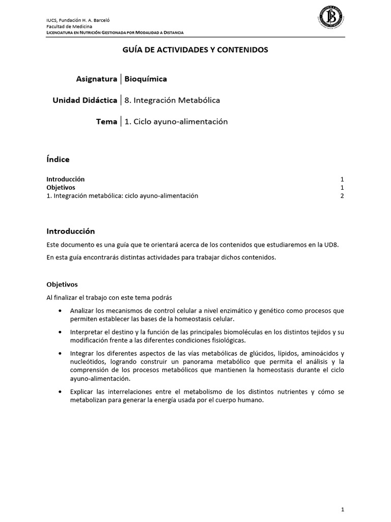 Guía de Actividades y Contenidos - Ud8 Integración Metabólica Cilo Ayuno-Alimentación | PDF ...