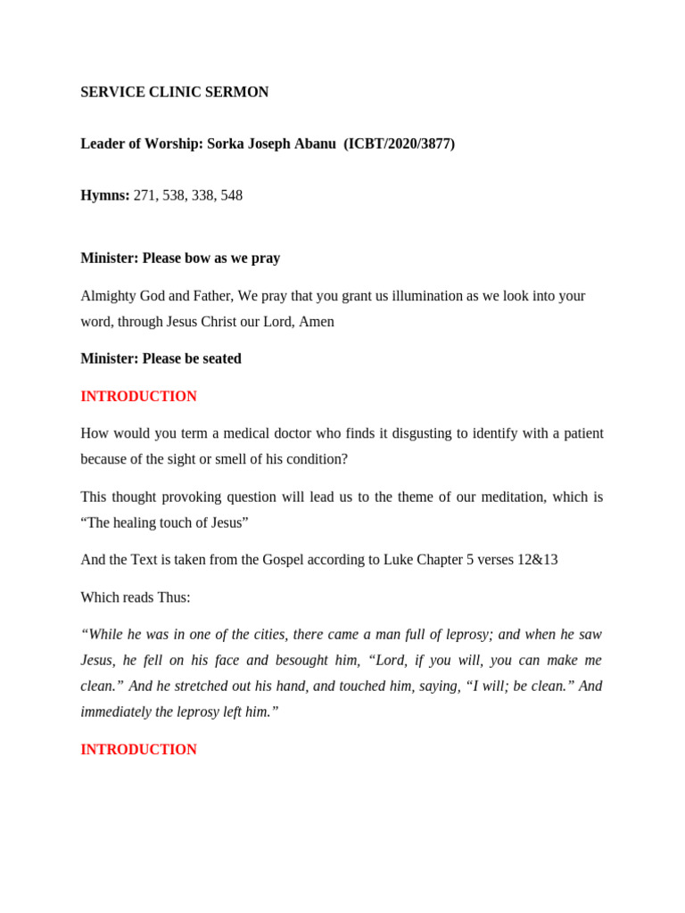 The Healing Touch of Jesus Sermon | PDF | Jesus | Leprosy