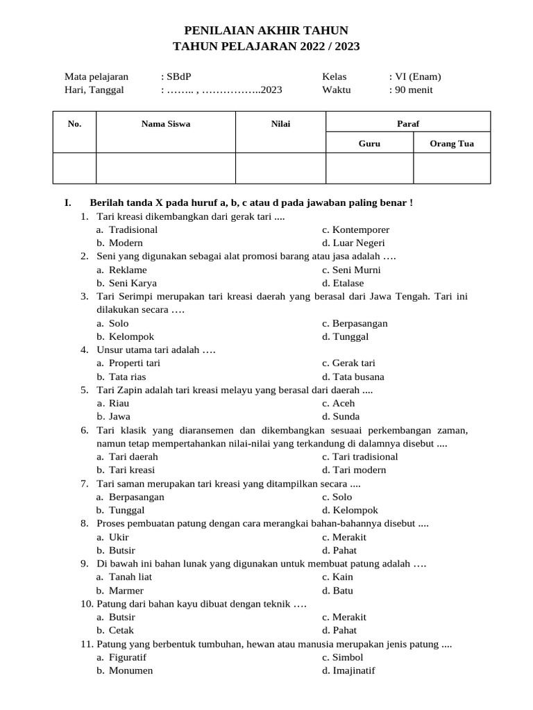 Soal Latihan Pat SBDP | PDF