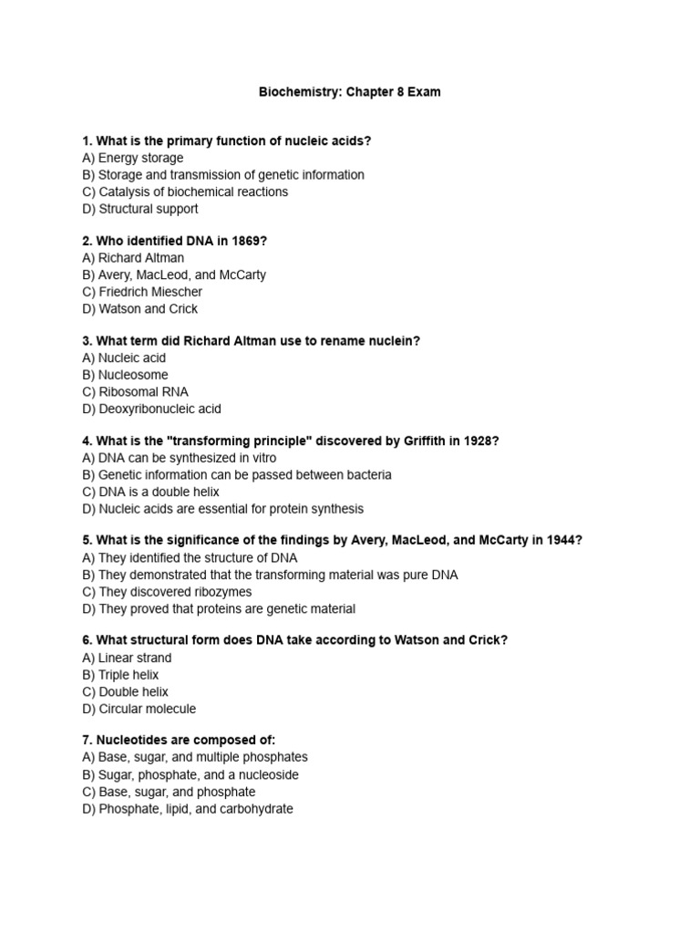 Biochemistry_ Chapter 8 Exam | PDF | Dna | Nucleic Acids