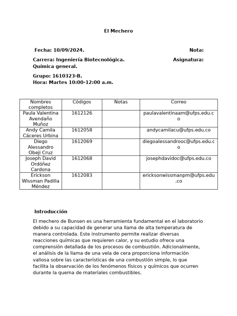 B Informe Lab Qui Gen 2024 Práctica 2 Mechero Avendaño Paula, Cáceres ...