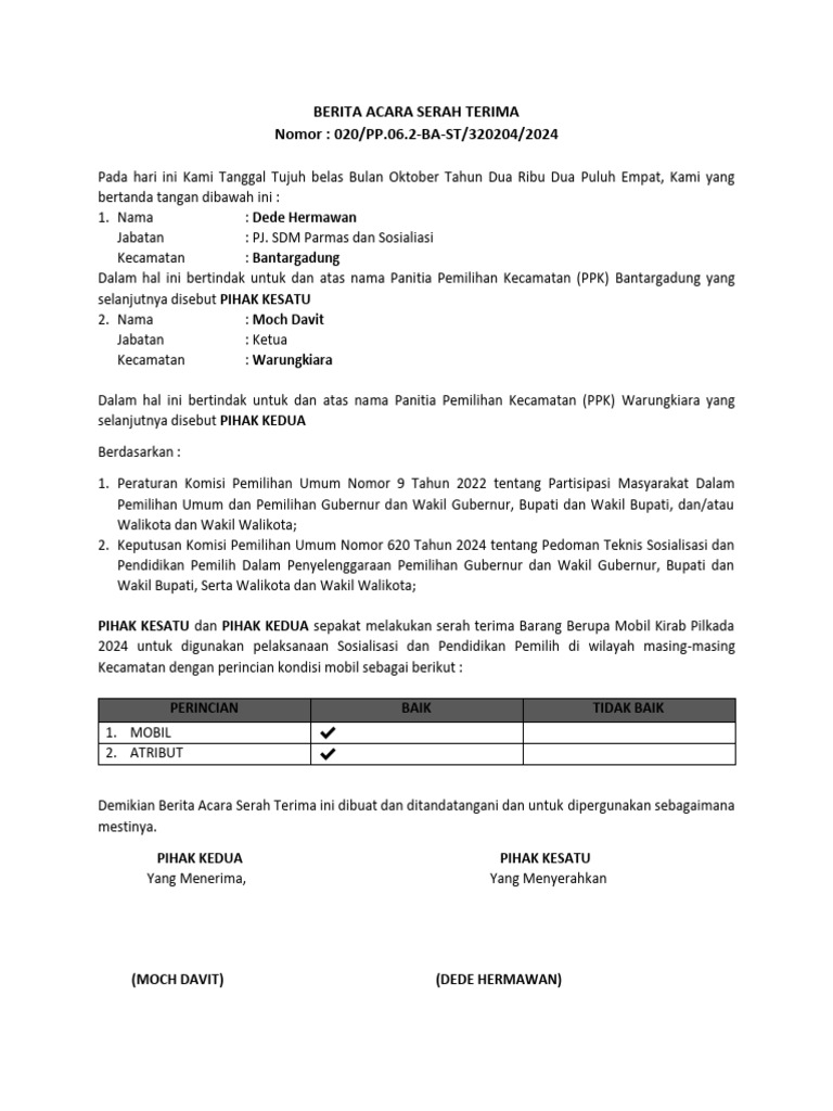 Berita Acara Serah Terima Mobil Kirab | PDF | Pengelolaan Keuangan & Uang