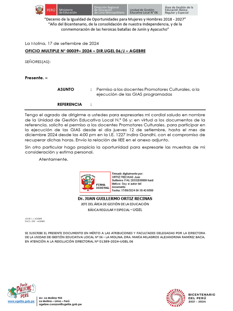 OFICIO MULTIPLE N° 00039-2024-UGEL 06-DIR-AGEBRE[R] | PDF | Perú