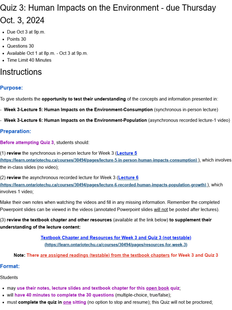 Quiz 3 - Human Impacts On The Environment - Due Thursday Oct. 3, 2024 ...