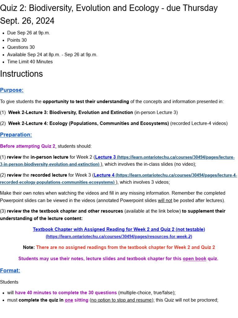 Quiz 2 - Biodiversity, Evolution and Ecology - Due Thursday Sept. 26 ...