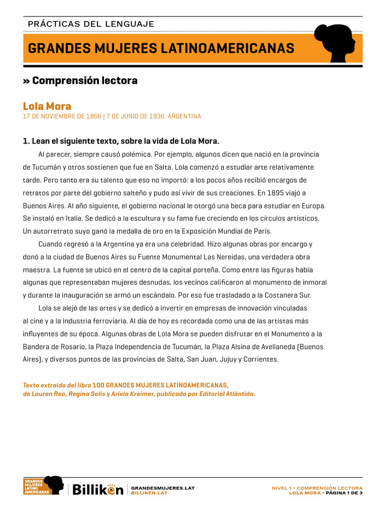 Lola Mora-Comprension Lectora-Nivel 1-GML BILLIKEN | PDF