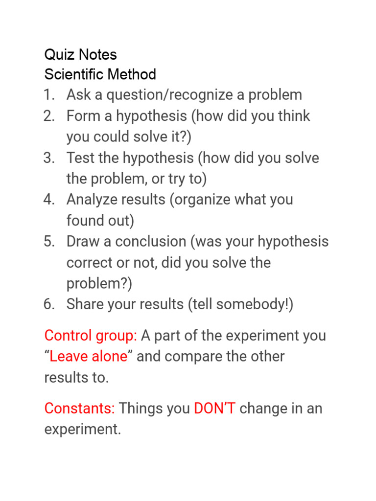Scientific Method and Graphing Quiz Notes | PDF | Teaching Methods ...