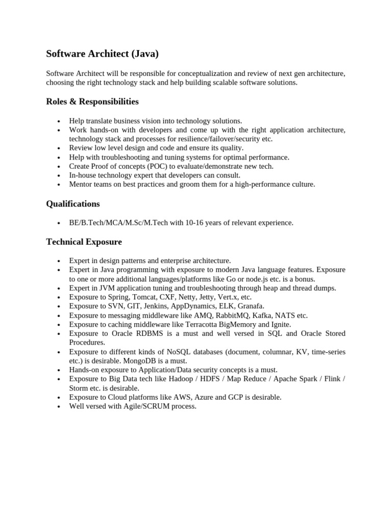 Java Software Architect Role | PDF