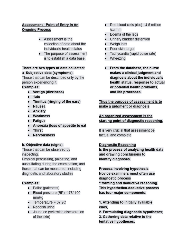 Health-Assessment-Notes-1 | PDF | Medical Diagnosis | Preventive Healthcare