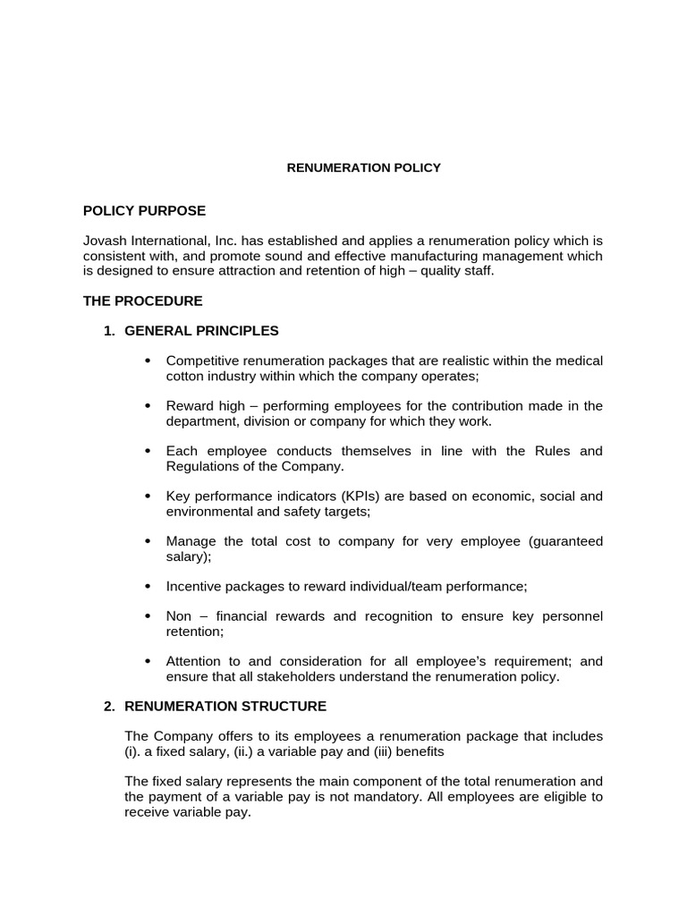 renumeration policy | PDF | Employment | Incentive