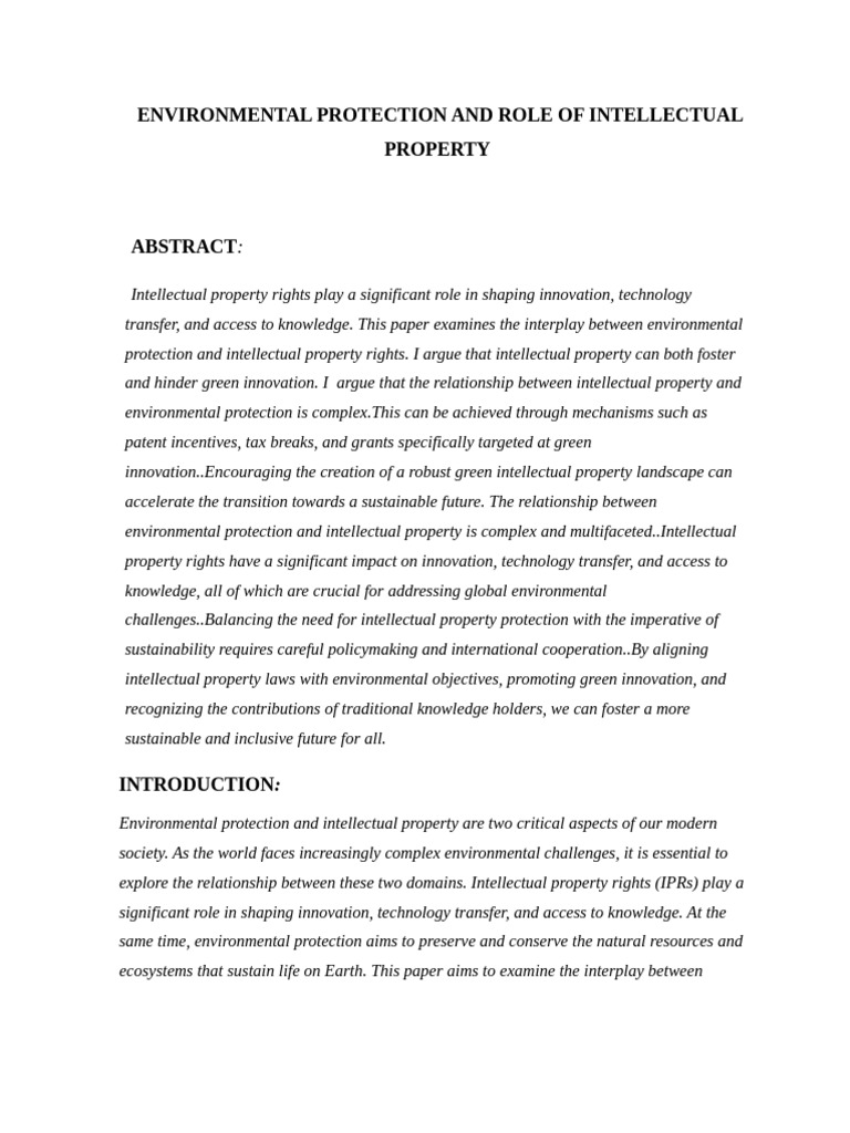 ENVIRONMENTAL PROTECTION AND ROLE OF INTELLECTUAL PROPERTY | PDF ...