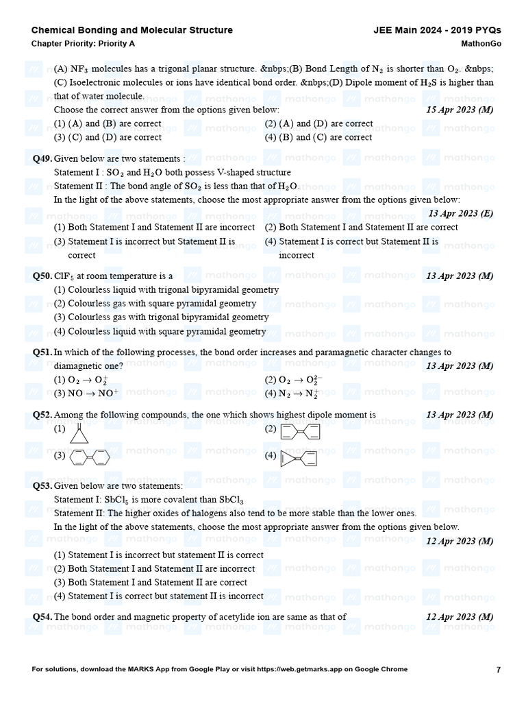 Chemical Bonding and Molecular Structure Quiz | PDF | Applied And Interdisciplinary Physics ...