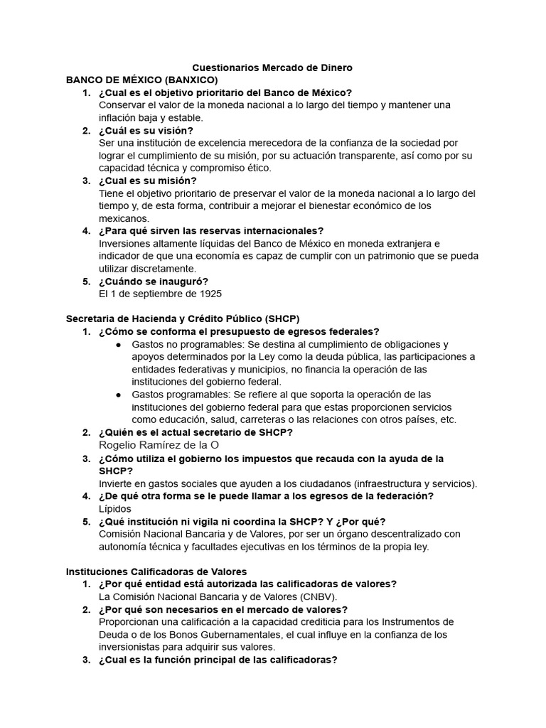 Cuestionarios sobre el Mercado de Dinero | PDF | Bancos | Dinero