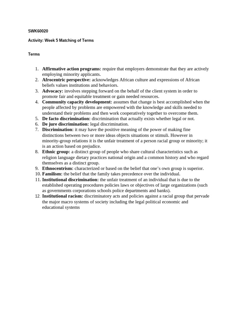 Week 5 Terms on Discrimination and Advocacy | PDF