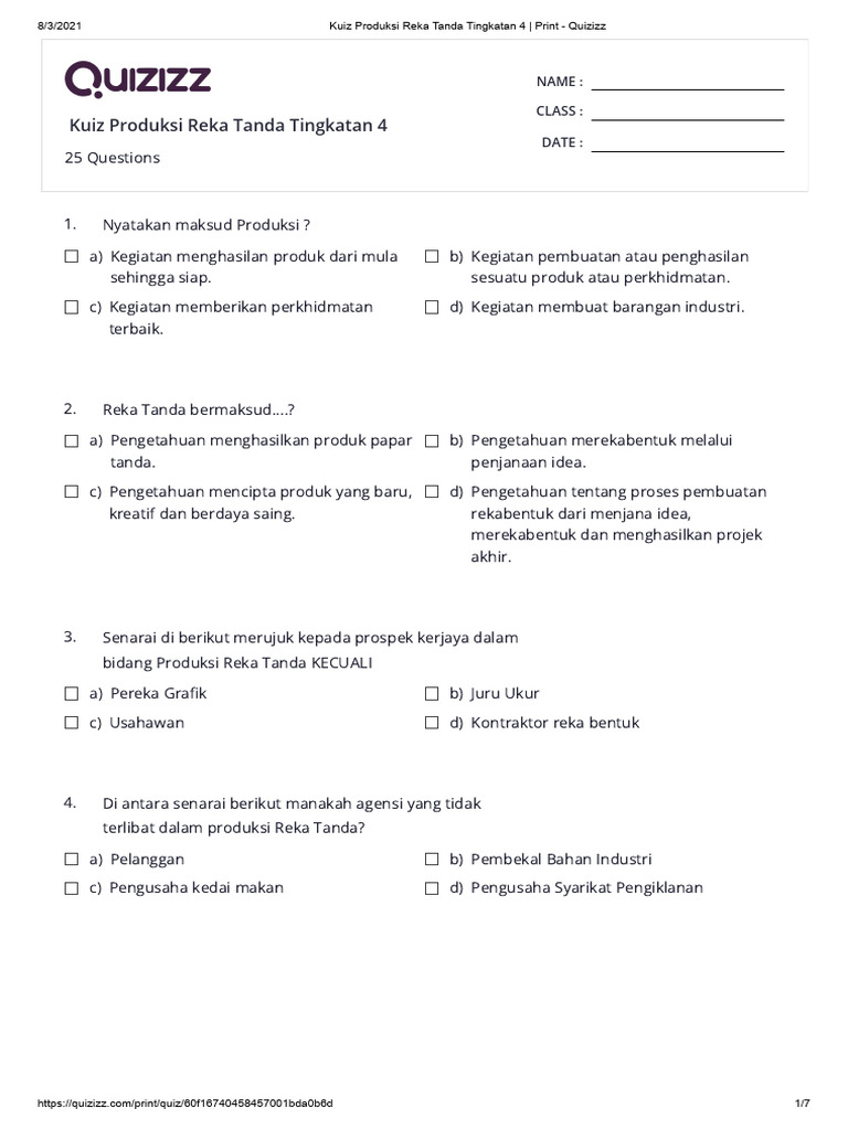 Kuiz Produksi Reka Tanda Tingkatan 4 - Print - Quizizz | PDF