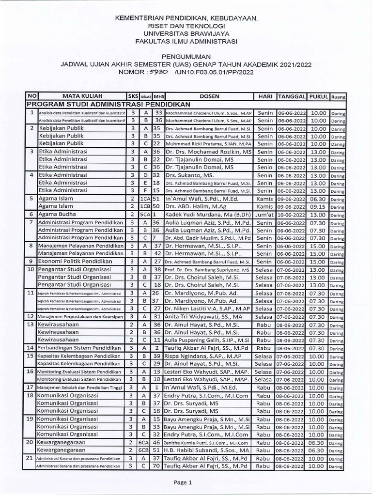 Jadwal UAS Genap 2021 2022 Program Studi Administrasi Pendidikan | PDF
