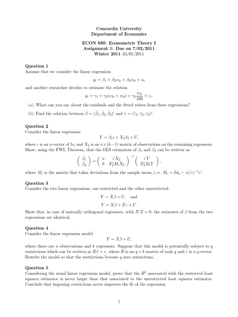 Econ 680 Assignment 1 | PDF | Ordinary Least Squares | Linear Regression