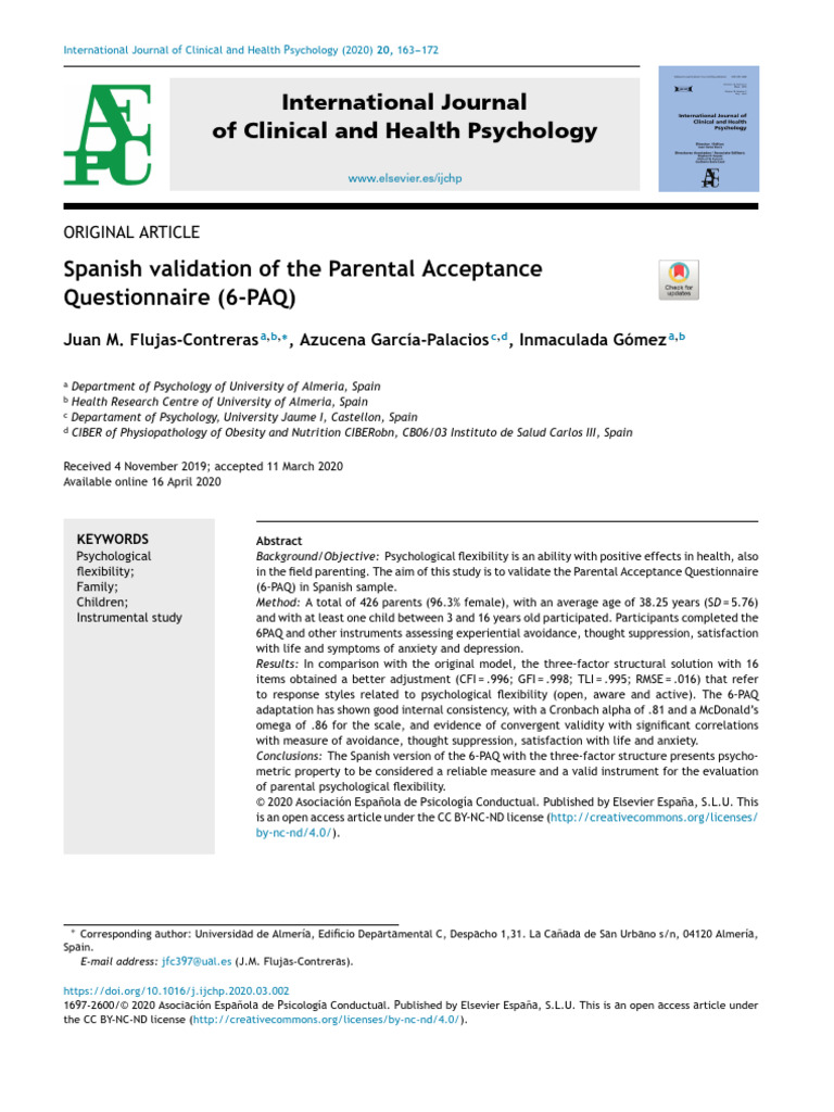 Spanish Validation of The Parental Acceptance Questionnaire (6-PAQ ...
