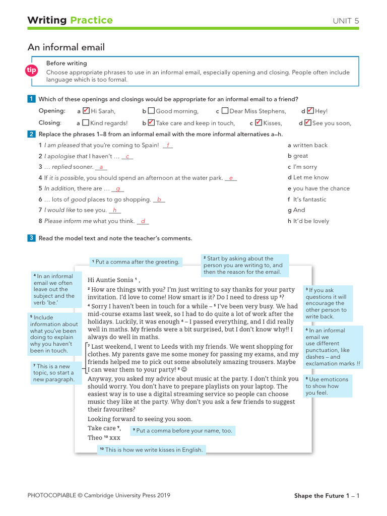 Shape the Future 1_Writing Practice_Unit 5_with answers | PDF