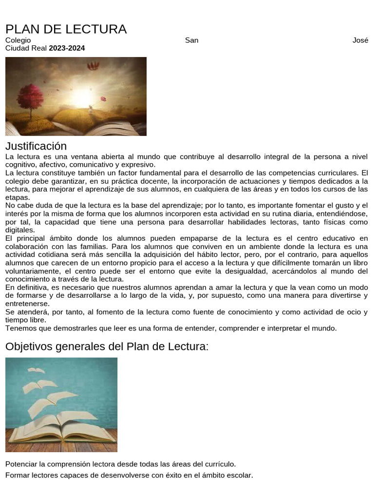 Plan de Lectura | PDF | Comprensión lectora | Modificación de comportamiento