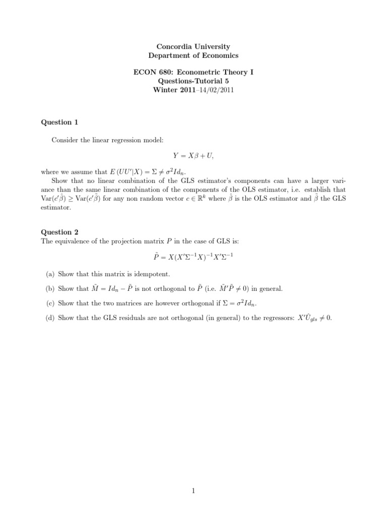 Econometric Theory: GLS vs OLS Variance | PDF