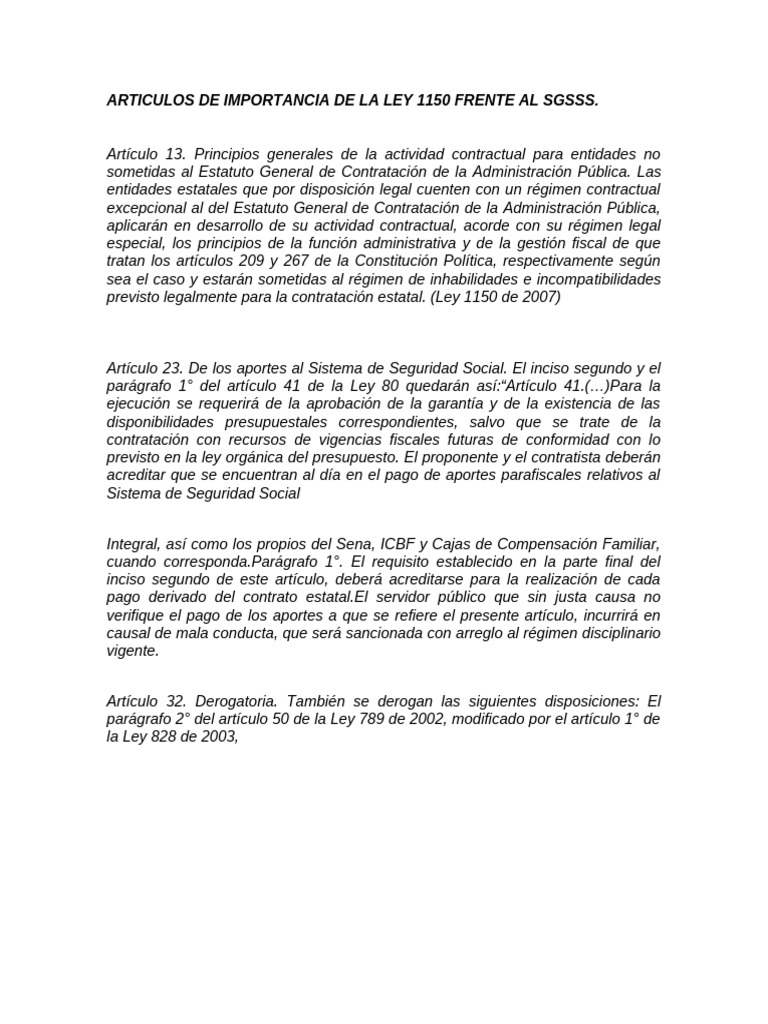 Articulos de Importancia de La Ley 1150 Frente Al SGSSS | PDF | Finanzas y administración del ...