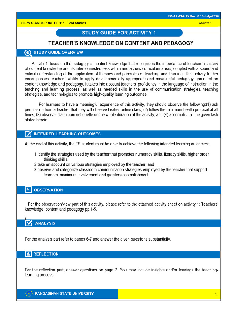 A Study Guide Activity 1 ProfEd111 Field Study 1 | PDF | Pedagogy ...